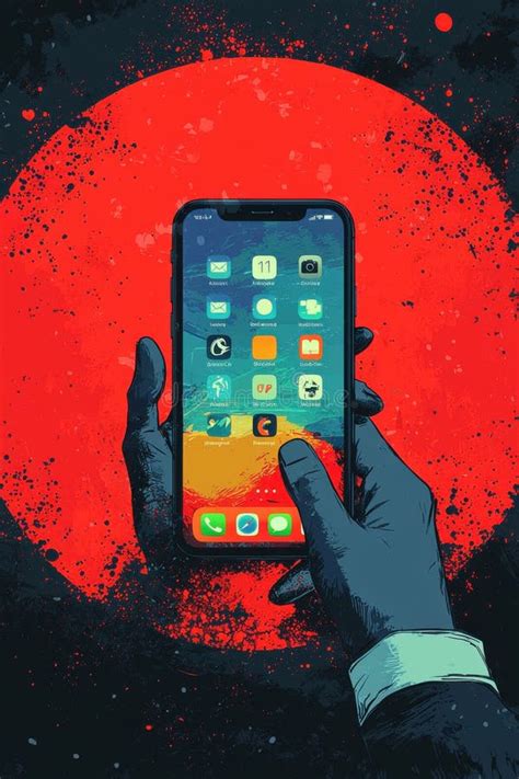 Person Interacting With Large Smartphone Against Abstract Red Circle Background Stock Image