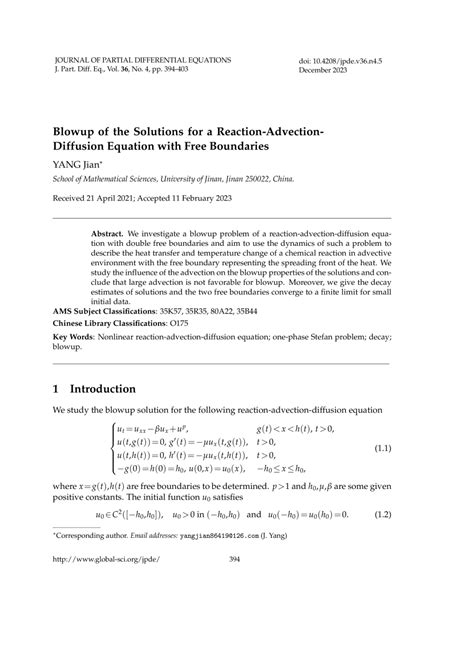 Global Science Press Blowup Of The Solutions For A Reaction Advection