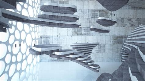 창 3d 그림 및 렌더링이 있는 추상 흰색 및 콘크리트 파라메트릭 인테리어 프리미엄 사진