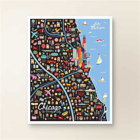 Chicago Il Map Art Wall Decor City Map Chicago Illinois Art Print