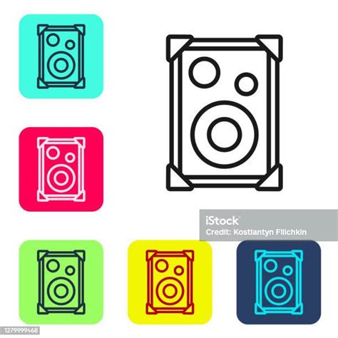 흰색 배경에 격리 된 검은 줄 스테레오 스피커 아이콘 사운드 시스템 스피커 음악 아이콘입니다 음악 기둥 스피커베이스 장비 색상 정사각형 단추로 아이콘을 설정합니다 벡터