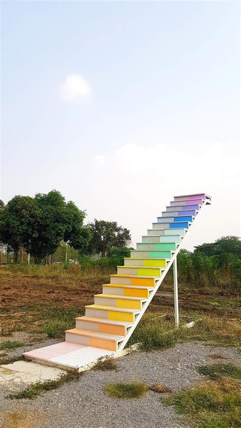 Rainbow Or Colorful Stairs Way Or Step At Park With Grass Field Green Tree And Sky Background
