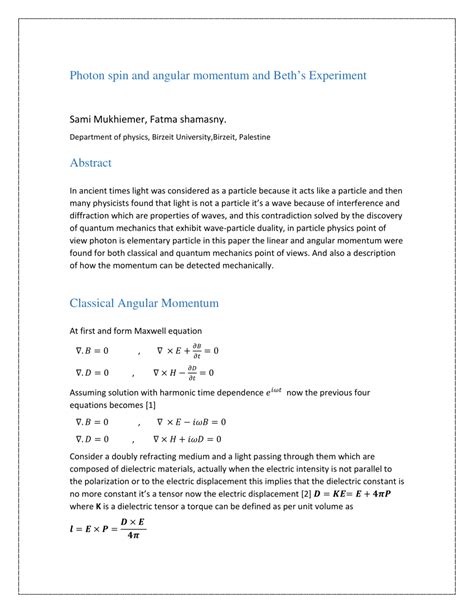 Pdf Photon Spin And Angular Momentum And Beths Experiment