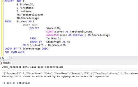 T Sql でクエリの結果を Json 文字列に変換する For Json Auto 便利なt Sql＆クエリー集 Sql Server 入門