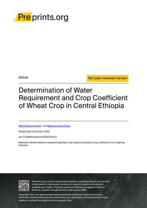 Pdf Determination Of Water Requirement And Crop Coefficient Of Wheat Crop In Central Ethiopia