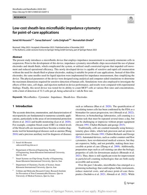 Low Cost Sheath Less Microfluidic Impedance Cytometry For Point Of Care