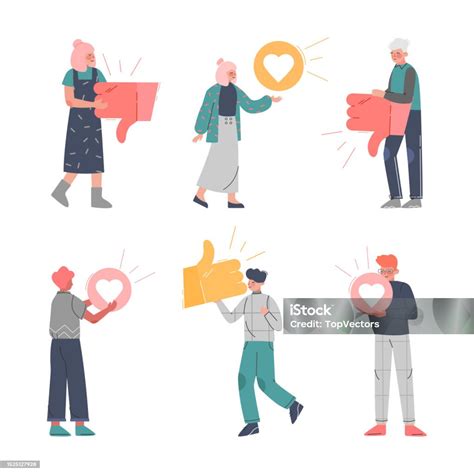 엄지손가락을 위아래로 움직여 표지판을 들고 있는 사람들 캐릭터는 승인과 비승인 벡터 일러스트레이션 세트의 통지로 계급에 대한 스톡 벡터 아트 및 기타 이미지 Istock