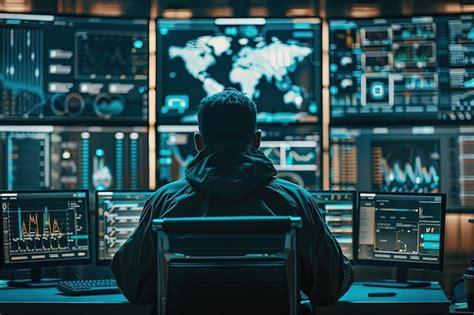 A Man Sitting At A Desk In Front Of Multiple Computer Monitors Premium AI Generated Image