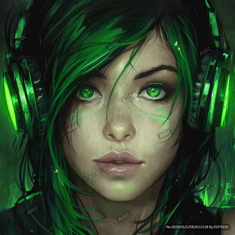 Ai创作图厚涂头像 绿色的头发 厚涂插画 欧美画风 绿色组头 写实人物插画 厚涂手绘 数字美女插画 原创厚涂 Cg头像 Cg插画 厚涂风格 厚涂少女 赛博朋克潮流人物 头上毛卷发绿光nipic