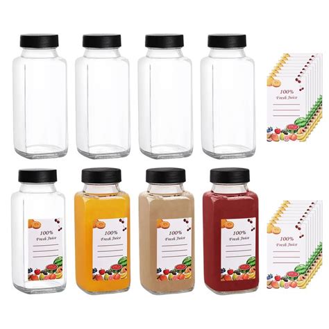 8 Pack 8 Oz Glass Juice Bottles With Black Lids And Labels Reusable