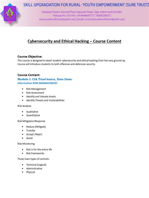 Cybersecurity Ethical Hacking Course Content Pdf Security Computer Security