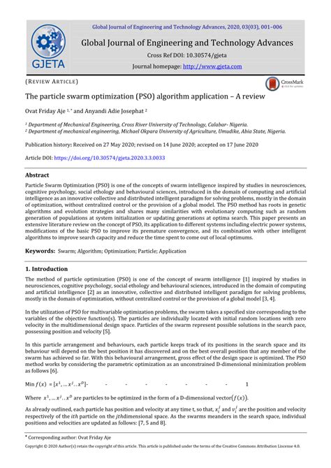 Pdf The Particle Swarm Optimization Pso Algorithm Application A Review