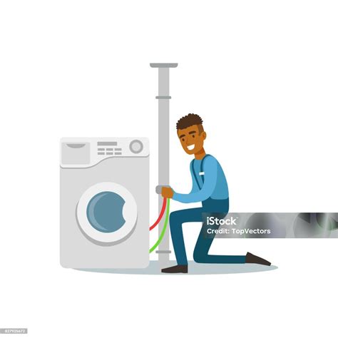 Proffesional 배관공 남자 문자 배관 작업 벡터 일러스트 레이 션 세탁기 설치 남자에 대한 스톡 벡터 아트 및 기타 이미지 남자 독일 만화 Istock