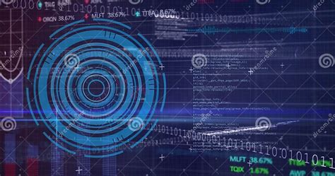 Image Of Graph Circles Trading Board Binary Codes And Computer Language Over Blue Background