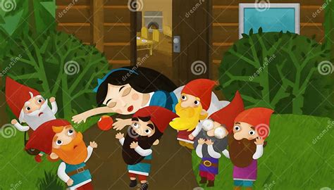 мультфильм с карликами и принцессой рядом с домом Иллюстрация штока иллюстрации насчитывающей