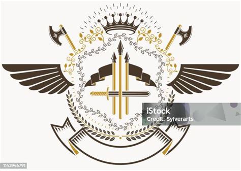 새 날개와 무기 장식 엠 블 럼의 전 령 코트 로얄 왕관과 무기고의 벡터 일러스트 레이 션 The Crusades에 대한 스톡 벡터 아트 및 기타 이미지 Istock
