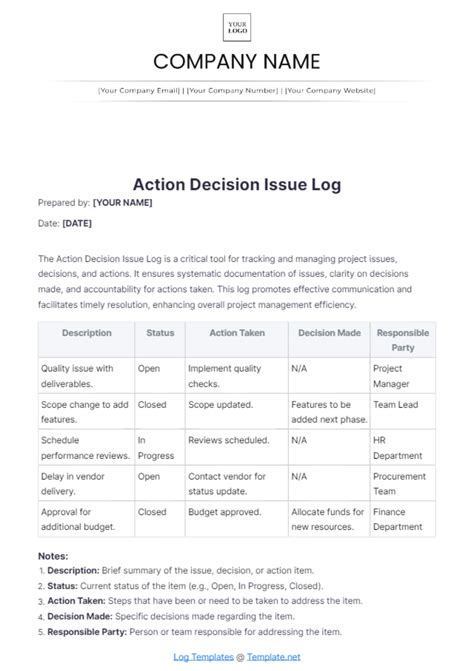 Free Action Decision Issue Log Template To Edit Online