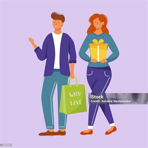 커플 가는 생일 플랫 벡터 일러스트 즐거운 전신 사람들이 파티에 걸어 해피 백인 남자와 여자 들고 기념일 선물 보라색 배경에