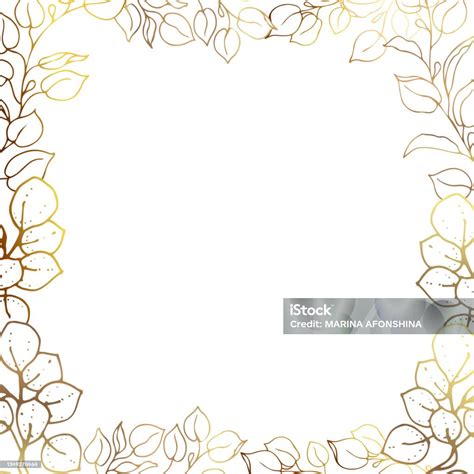 흰색 배경에 황금 잎과 나뭇 가지로 만든 사각형 프레임 사각형 프레임과 추상화에서 형태의 미니멀리즘 식물의 잎과 가지 벡터 그림입니다 금색에 대한 스톡 벡터 아트 및 기타
