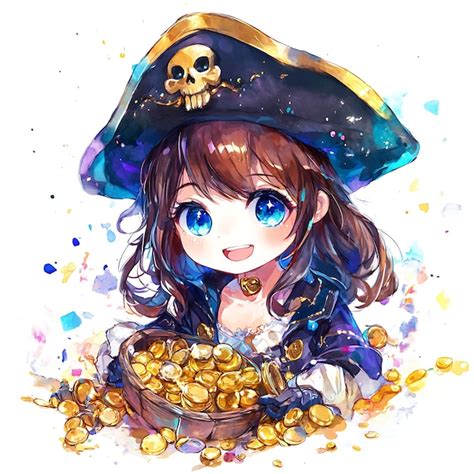 Adorable Anime Pirate Girl With Treasure Chest And Gold Coins Premium