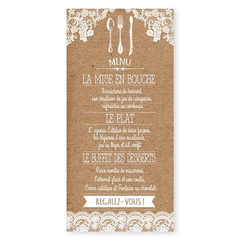 Votre Menu Mariage Dentelle Chic Sur Kraft à Personnaliser