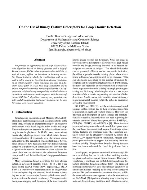 Pdf On The Use Of Binary Feature Descriptors For Loop Closure Detection