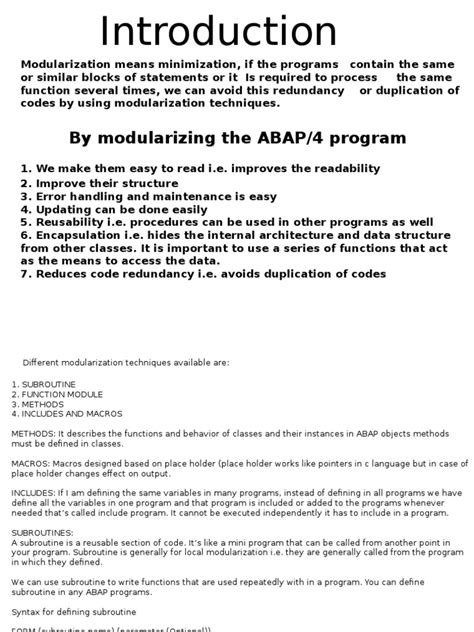 By Modularizing The Abap4 Program Pdf Subroutine Parameter Computer Programming