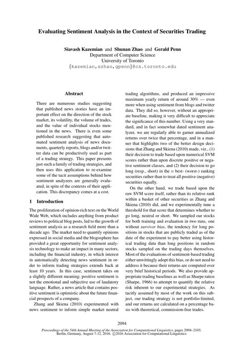 Pdf Evaluating Sentiment Analysis In The Context Of Securities Trading