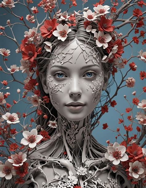 Woman In Flowers With Human And Flower Shaped Branches 4 Red Blue Flower Drawing Flower