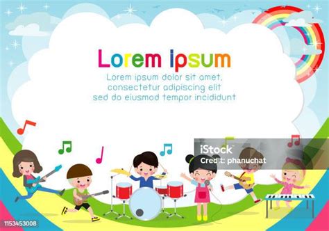 악기를 연주하는 어린이의 그룹 만화 춤 아이 광고 브로셔 용 템플릿 텍스트 어린이 및 프레임 벡터 일러스트 레이 션 교육에 대한 스톡 벡터 아트 및 기타 이미지 Istock