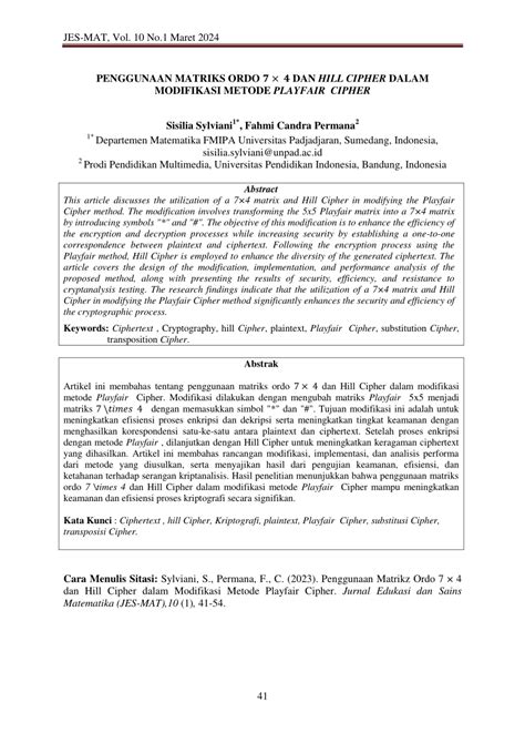 Pdf Penggunaan Matriks Ordo 7x4 Dan Hill Cipher Dalam Modifikasi Metode Playfair Cipher