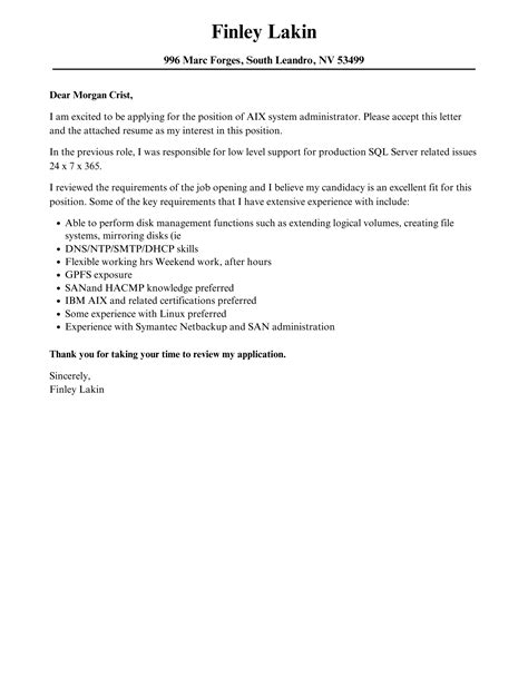 Aix System Administrator Cover Letter Velvet Jobs
