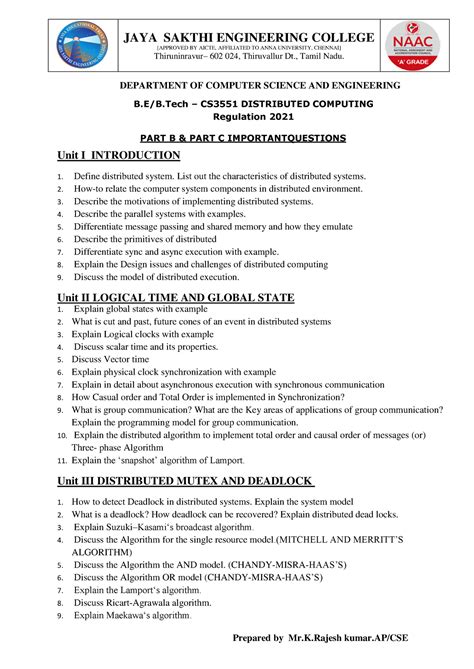 Cs3551iq Question Unitwise Prepared By Mrk Kumarcse Department Of