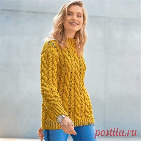Пуловер с узором из «кос и ажурными дорожками Пуловер спицами Постила