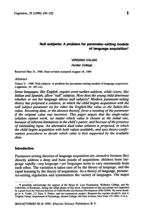 Pdf Null Subjects A Problem For Parameter Setting Models Of Language Acquisition
