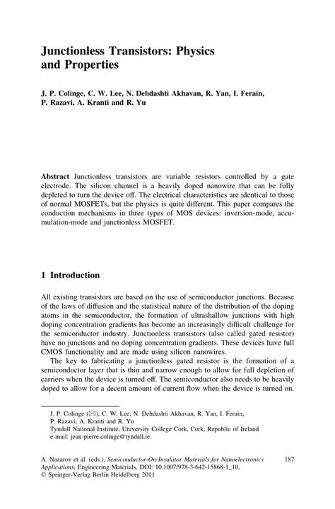Pdf Junctionless Transistors Physics And Properties