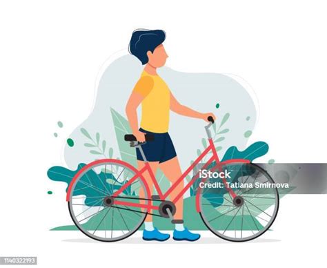공원에서 자전거를 가진 행복 한 사람 평면 스타일 건강 한 라이프 스타일 스포츠 운동에 대 한 개념 그림에서 벡터 일러스트 레이 션 두발자전거에 대한 스톡 벡터 아트 및