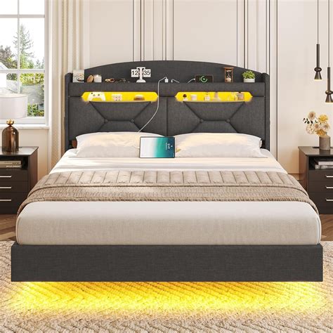 Amuzer King Floating Bed Frame With Outlets And Usb Ports Upholstered