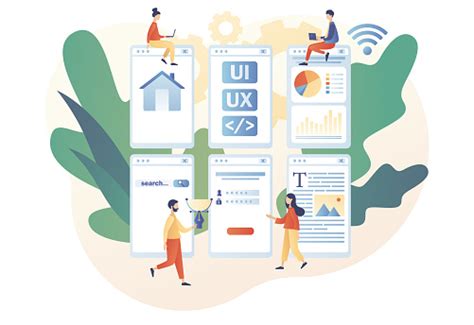 웹 Uiux 디자인 페이지 모바일 앱 개발 응용 프로그램 디자인 코딩 웹 구축 개념 현대 플랫 만화 스타일 흰색 배경에 벡터