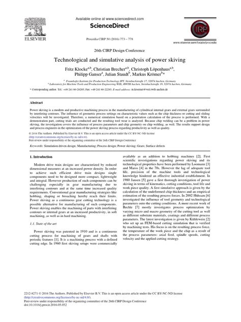 Technological And Simulative Analysis Of Power Skiving Download Free