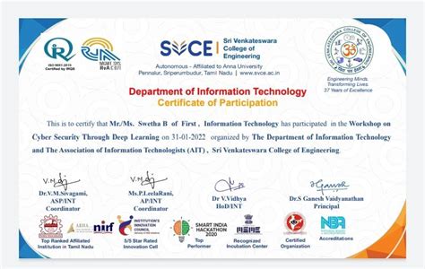 Swetha B On Linkedin Certificate For Participate In Workshop On Cyber Security Through Deep
