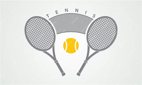 테니스 로고 회색 테니스 라켓 2개와 주황색 공 옅은 회색 배경 프리미엄 벡터
