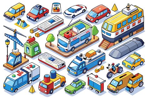 자동차 버스 열차 및 트럭을 포함한 다양한 유형의 차량의 이소메트릭 일러스트레이션 컬렉션 프리미엄 Ai 생성 벡터