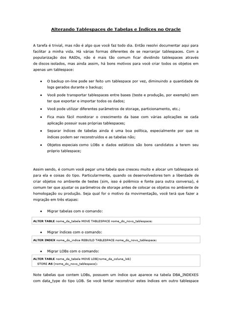 Alterando Tablespaces De Tabelas E Índices No Oracle Pdf Informática