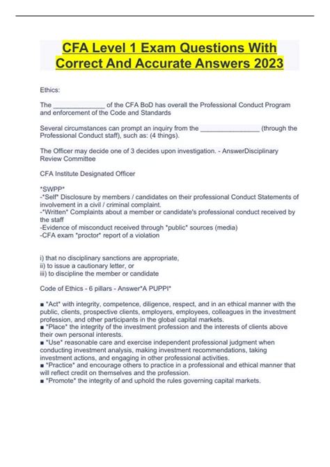 CFA Level Exam Questions With Correct And Accurate Answers CFA Chartered Financial