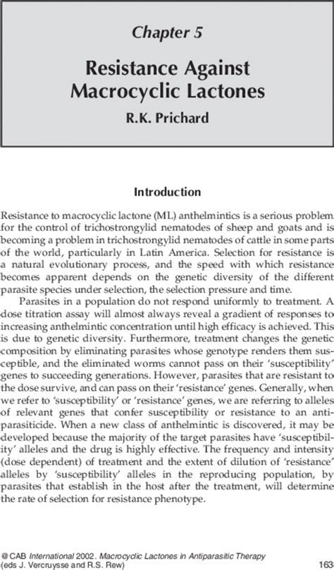 Resistance Against Macrocyclic Lactones Macrocyclic Lactones In Antiparasitic Therapy