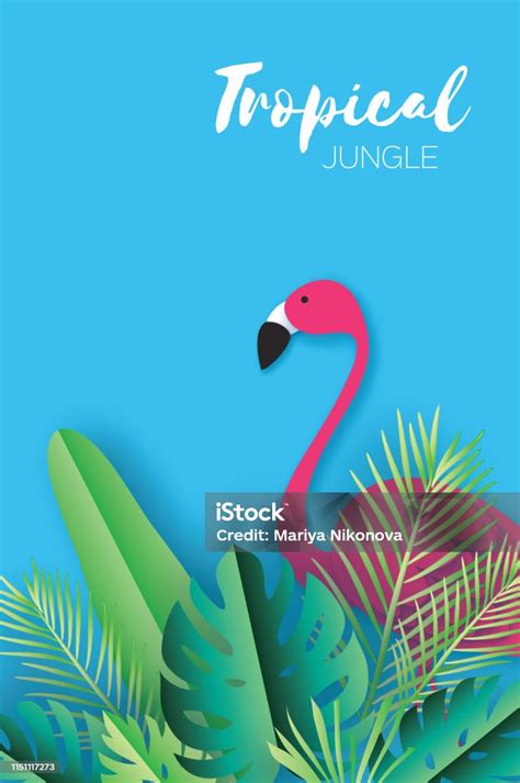 유행 여름 열 대 야자수 잎 식물 종이 컷 스타일 플라밍고 이국적인 하와이 여름 텍스트에 대 한 공간입니다 녹색 정글 꽃