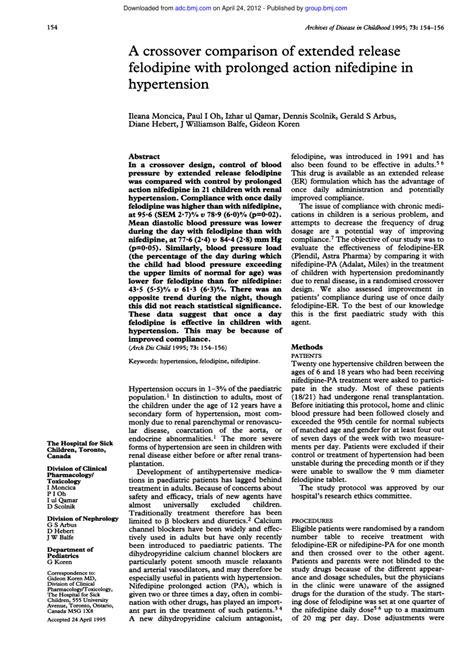 Pdf A Crossover Comparison Of Extended Release Felodipine With Prolonged Action Nifedipine In