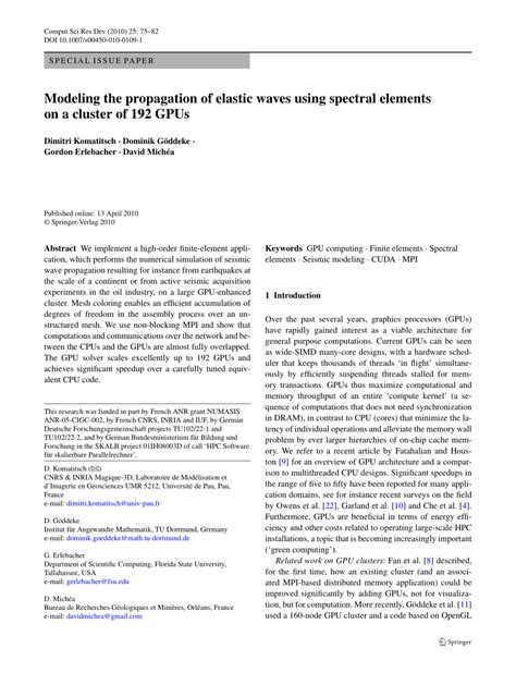 Pdf Modeling The Propagation Of Elastic Waves Using Spectral Elements On A Cluster Of 192 Gpus