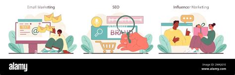 Marketing Strategies Set Dynamic Illustrations Of Email Campaigns Seo Optimization And